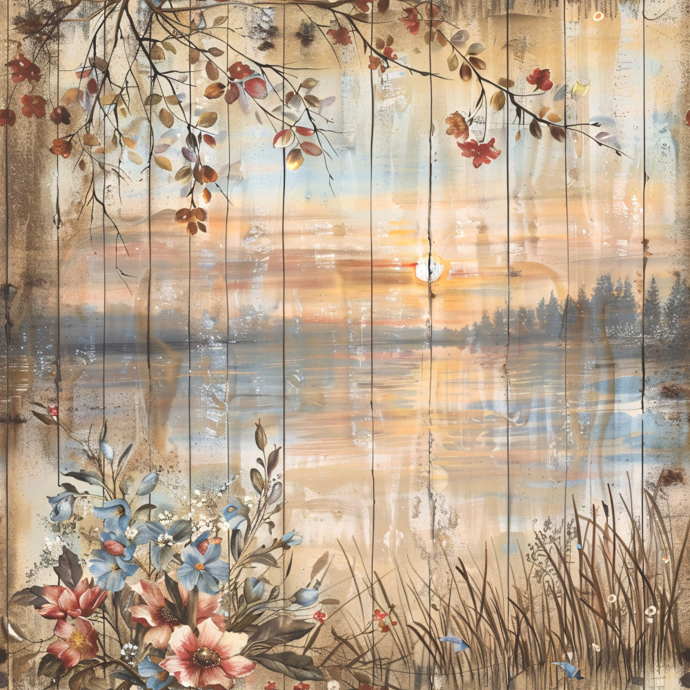 Lake on Rustic Wood Fabric Panel 11 – QuiltingFabricPanels.com